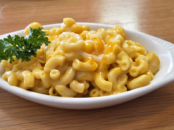 Mac and cheese that doesn't apologize for being exactly what it should be – creamy, golden, and utterly devoid of truffle oil or artisanal breadcrumbs.