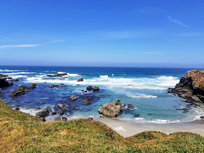 The Pacific doesn't just meet the land here – it performs an entire water ballet against the sculptural rocks of Mendocino's coastline.