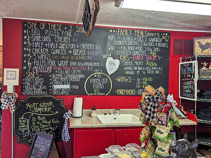 The menu board doubles as kitchen art, with specials circled for emphasis. That "Porked Out Potato" deserves its spotlight.
