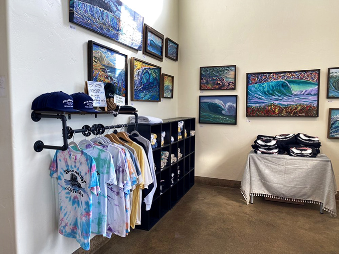 Local art adorns the walls while Sea Harvest merch lets you take home a piece of the experience—minus the fish smell.