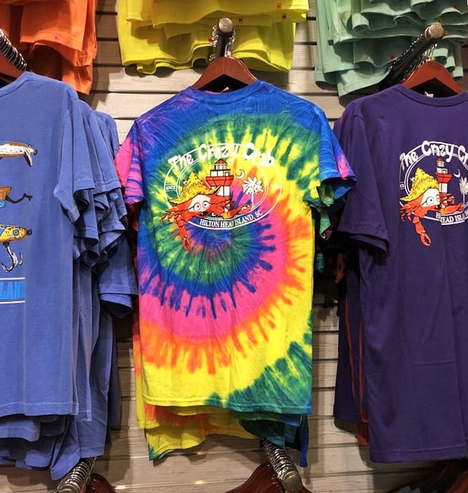 Tie-dye souvenirs that scream "I came, I saw, I conquered the seafood platter"—vacation bragging rights in t-shirt form.