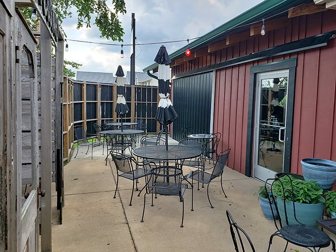 The cozy patio offers al fresco dining with string lights overhead – perfect for enjoying fish and chips with a gentle Indiana breeze.