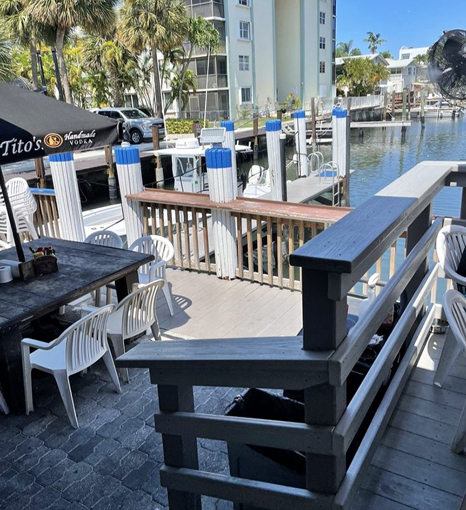 The waterfront deck isn't trying to be fancy, but with that view and those boats, it doesn't have to try. Nature provides the ambiance, Southport provides the food.