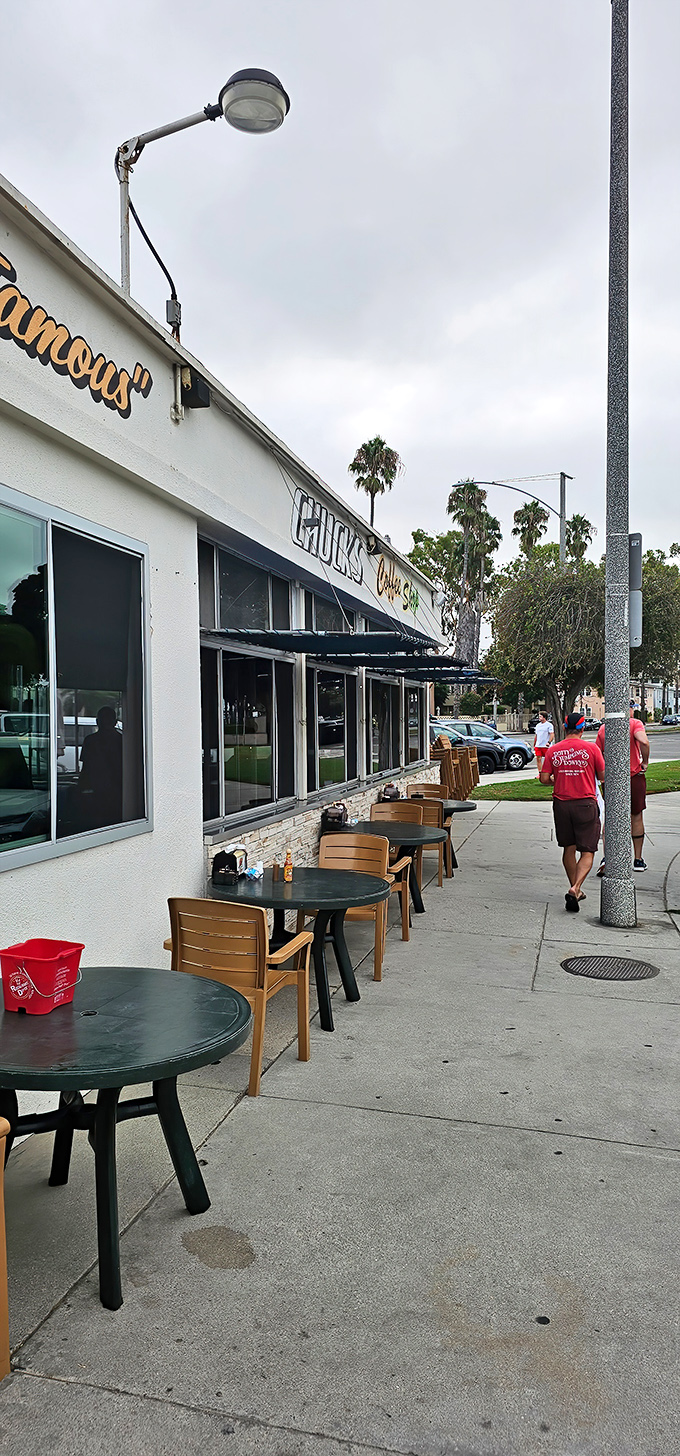 Sidewalk seating under California palms offers the quintessential Long Beach experience—ocean breezes with your burger and fries.