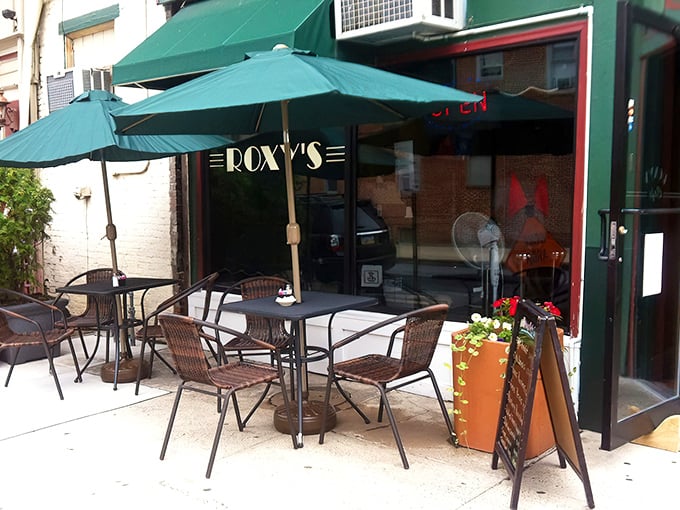 Sidewalk serenity under green umbrellas – Roxy's outdoor seating invites you to watch Harrisburg life unfold between bites.