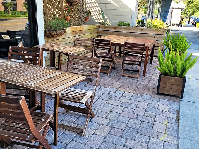 Outdoor seating that invites you to bask in Florida sunshine while contemplating the meaning of life—or just how to fit another pastry into your day.