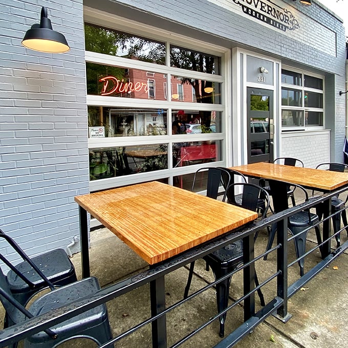 Sidewalk dining that puts you right in Milford's charming rhythm. These butcher block tables have front-row seats to small-town Ohio life.