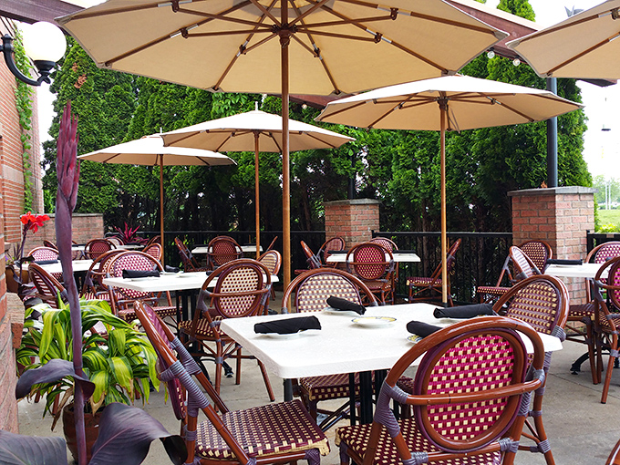 The patio seating isn't just outdoor dining—it's al fresco therapy after months of Ohio winter hibernation.