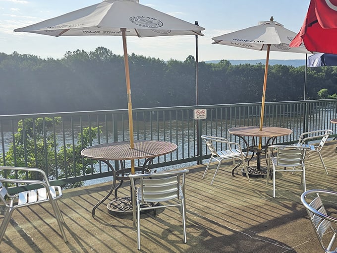 Riverside dining doesn't get better than this—umbrella-shaded tables offering fresh air, sunshine, and views of the Susquehanna's gentle flow.