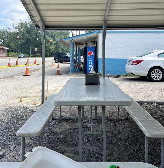 Al fresco dining, South Carolina style. A picnic table under a metal awning—because great barbecue tastes even better with a side of fresh air.