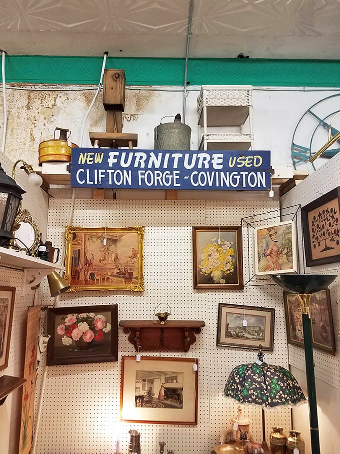 Wall-to-wall nostalgia! This pegboard gallery showcases everything from pastoral scenes to the kind of art your grandparents cherished.