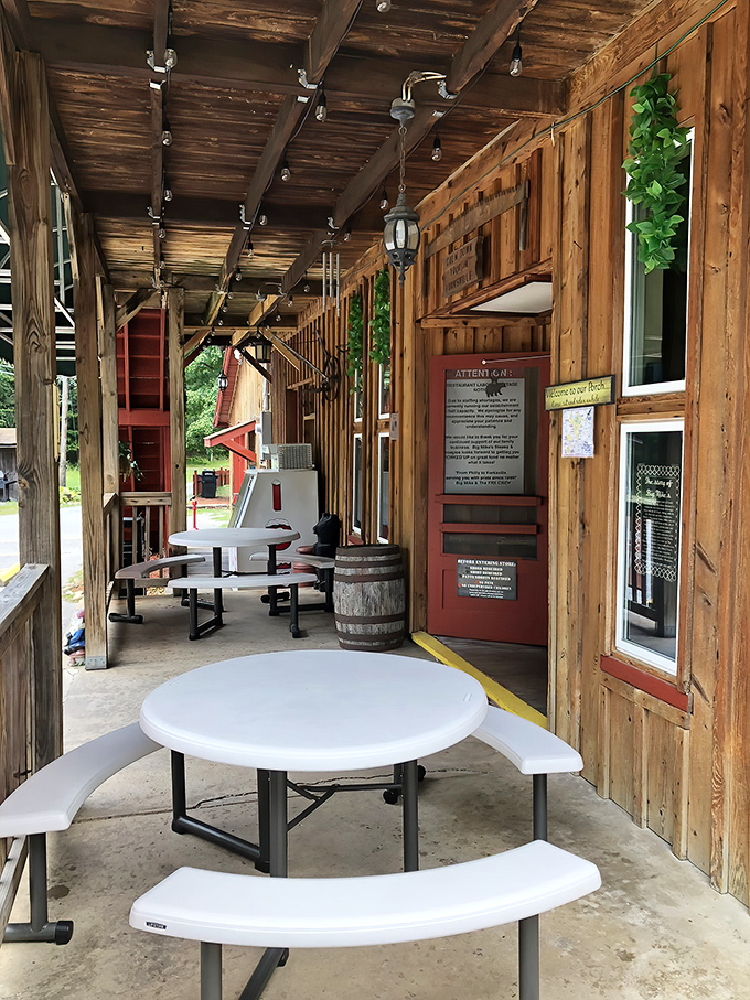 Outdoor seating where the mountain air makes everything taste better. These picnic tables have witnessed countless "Oh my God, you have to try this" moments. 