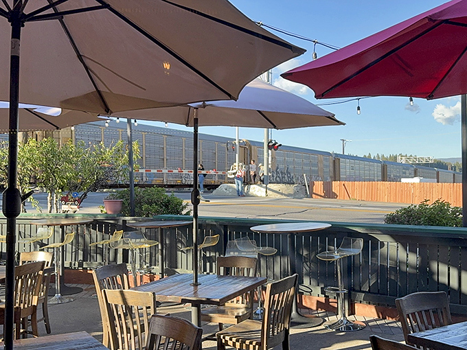 Outdoor dining with a side of train-watching. Those mountains in the background aren't just scenery—they're a reminder of why Truckee is special.