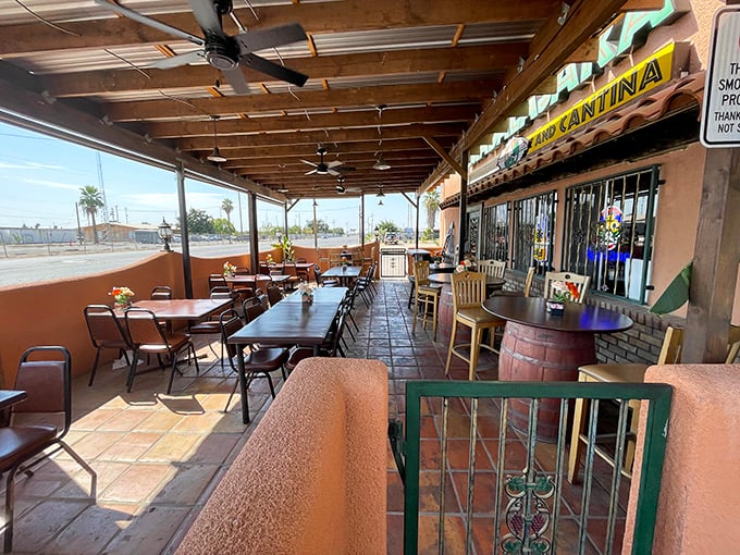 The covered patio offers al fresco dining with a view of Fresno life passing by – perfect for people-watching between bites of excellence.