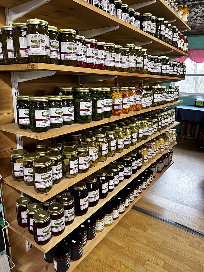 Shelves lined with homemade pickles and preserves—edible time capsules of summer flavors. Grandmothers everywhere would give these their seal of approval.