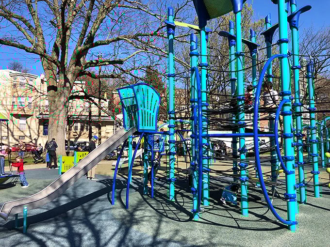 This modern playground brings pops of blue to Manayunk's landscape, offering local kids a climbing paradise while parents chat in the dappled shade.