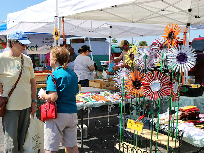 The farmers market buzzes with bargain-hunters and treasure-seekers, where retirement dollars stretch further among handcrafted wares and local produce.