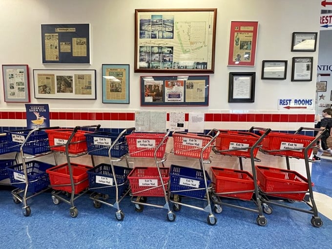 Shopping carts await your treasure-hunting expedition. Red or blue—choose your antiquing adventure vehicle wisely!