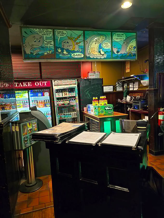 The whimsical seafood cartoon above the takeout counter captures Benny's playful spirit—serious about seafood but never taking itself too seriously.
