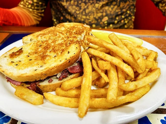 A sandwich so perfectly grilled it deserves its own hall of fame—this Reuben isn't messing around with your lunch expectations.