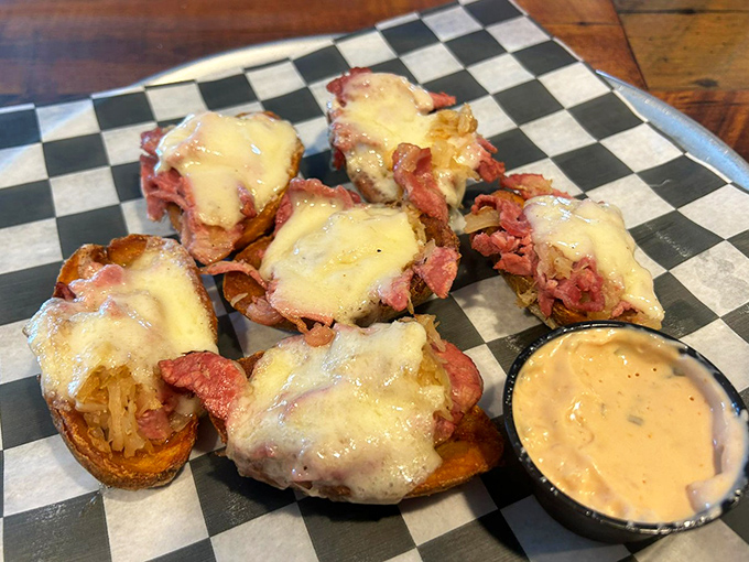 Reuben skins—the brilliant food mashup nobody asked for but everyone needs. Potato skins and Reuben fillings having the perfect love affair.