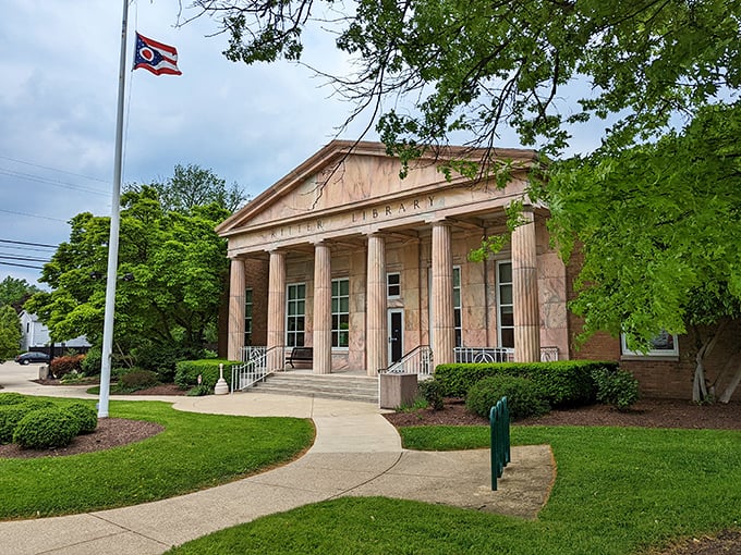 The Ritter Public Library stands like a Greek temple to knowledge, proving even small towns can have grand literary ambitions.