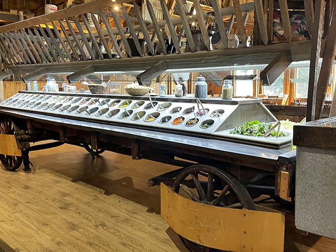 Not just any salad wagon – a magnificent chariot of freshness built on actual wagon wheels. Farm-to-table before it was trendy.