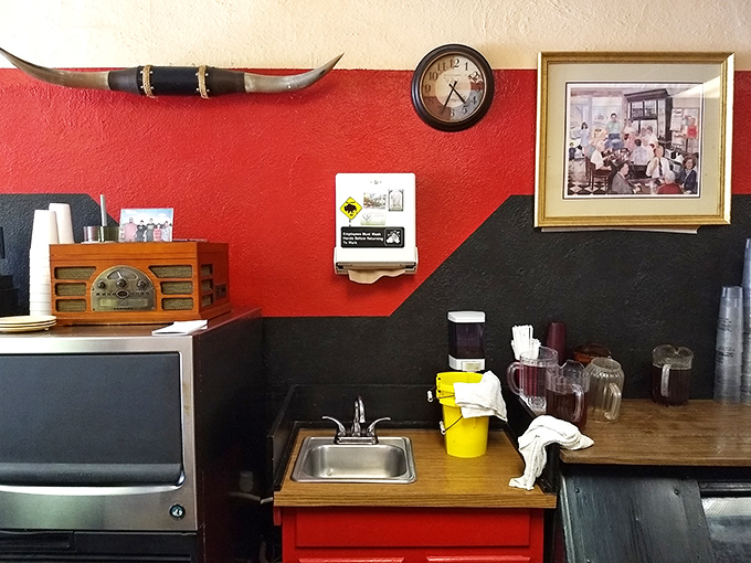 The red and black wall paint isn't trying to be trendy—it's been there since before "accent walls" were a thing people discussed at dinner parties.