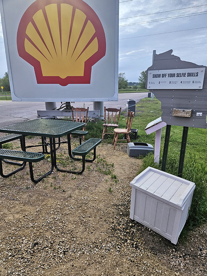 The perfect pit stop setup – grab a snack, rest your legs, and contemplate why more gas stations don't have giant pink mascots.