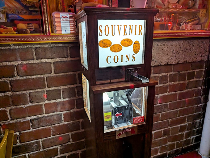 Even the souvenir machine adds character, because memories of great meals deserve commemorating with coins.