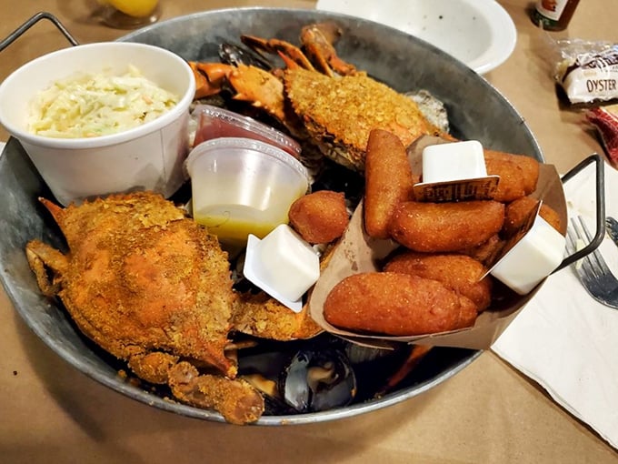 The seafood sampler that makes decision-making obsolete. Why choose between soft shell crab and hush puppies when you can have it all?