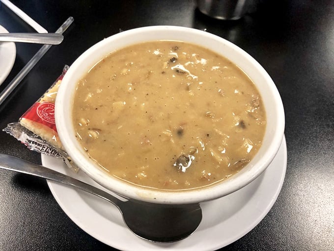 A bowl of stroganoff soup that could make your grandmother nod in approval. Comfort in liquid form.
