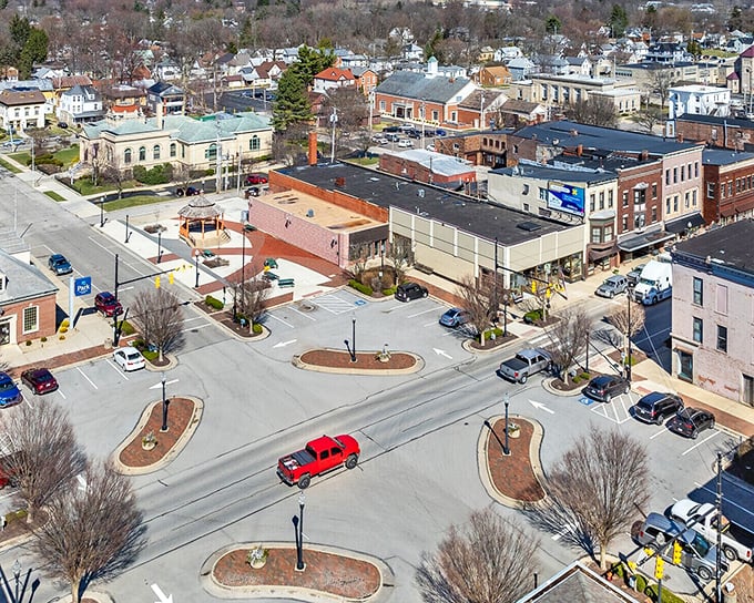 The aerial view of downtown showcases Galion's thoughtful urban planning, with ample parking that doesn't require a treasure map to navigate.
