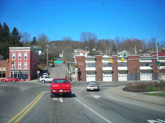 Downtown Towanda on a quiet morning—where rush hour means three cars might arrive at the stop sign simultaneously. Quaint without trying.