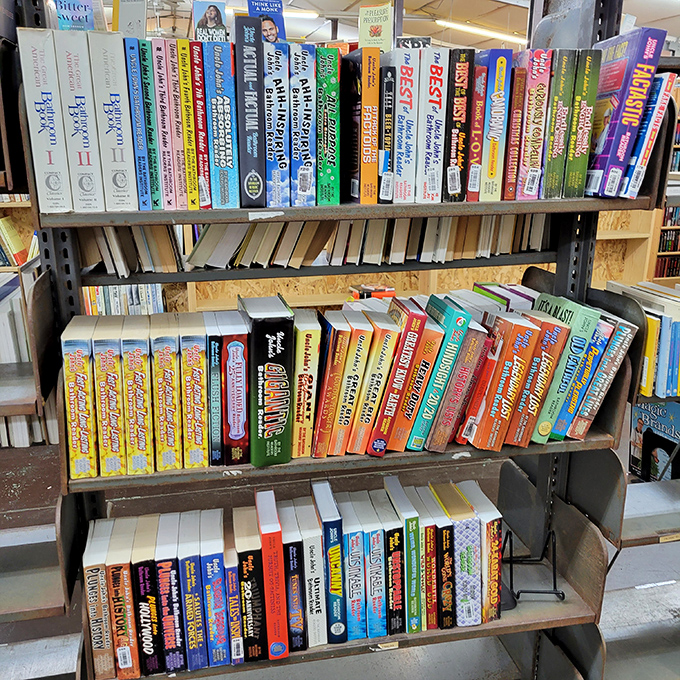These shelves hold bathroom readers, humor collections, and trivia books – the literary equivalent of comfort food, perfect for those who read in "short story" increments.