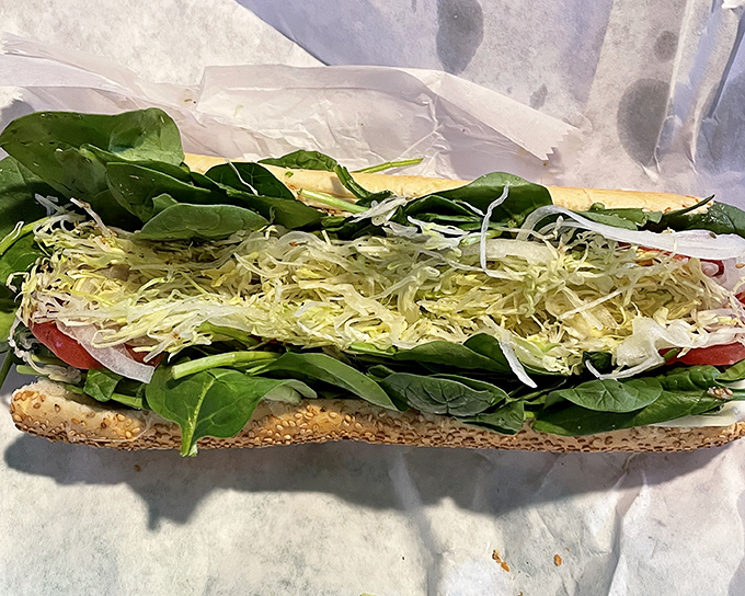 A vegetarian option that doesn't feel like punishment, with fresh greens, tomatoes, and shredded lettuce creating a garden between bread slices.