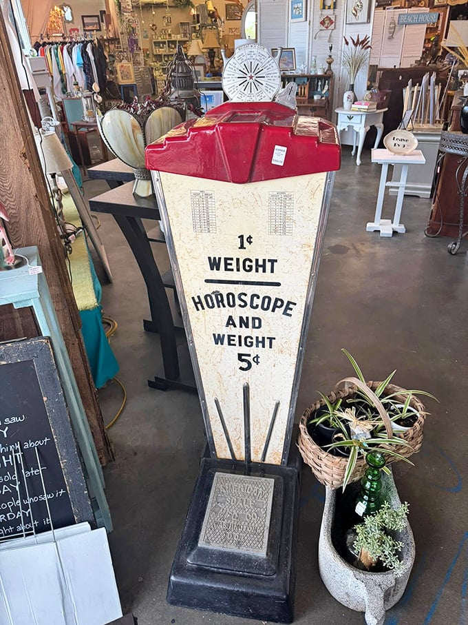 "Weight, what's my horoscope?" This vintage fortune-telling scale offered cosmic guidance and brutal honesty for just a nickel—inflation-proof wisdom!