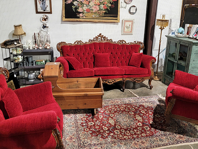 That crimson velvet sofa isn't just furniture – it's a time machine to grandma's formal living room where you weren't allowed to sit.