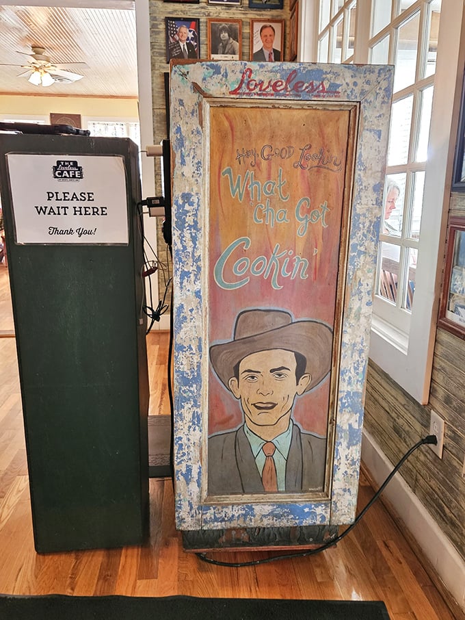 "Hey! Good Lookin', What Cha Got Cookin'" – this vintage sign captures the spirit of Loveless: unpretentious, welcoming, and ready to feed you right.