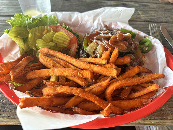The Western Burger with jalapeños brings just enough heat to wake up your taste buds without overwhelming them.
