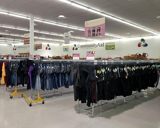 Women's clothing organized by type and color creates a shopper's paradise. That blouse in the middle? It's calling your name.