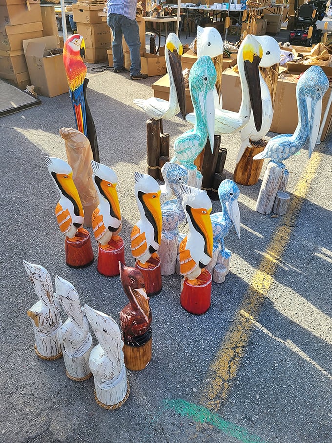 Flock of wooden pelicans and flamingos—the quintessential Florida souvenir that somehow never goes out of style in coastal decor.