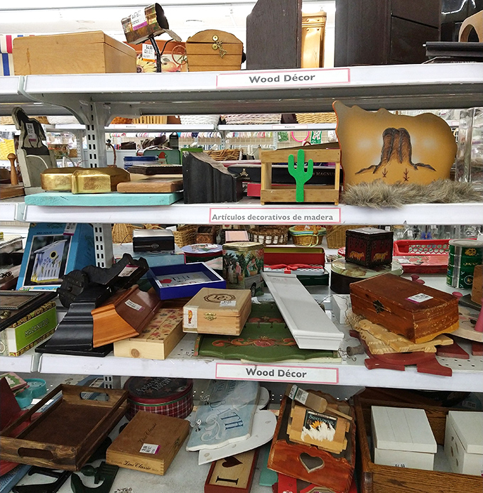 The wood décor section: where Southwestern cactus art meets vintage cigar boxes in perfect Arizona harmony.