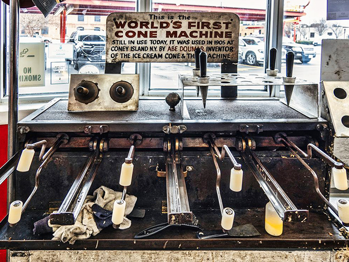 Not just any machine – this is where ice cream cone history was made. Watching it work is like seeing culinary history in motion.