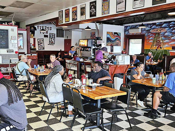 Where vinyl records meet vinyl booths—a space that feels like it's been serving comfort and conversation since before you were born.