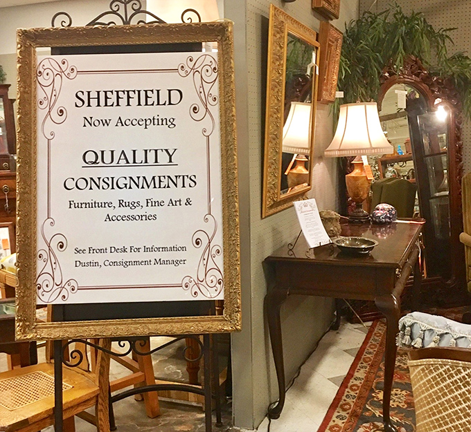 Even their signs come framed in ornate gold – Sheffield's commitment to quality extends to their consignment program for furniture, rugs and art.