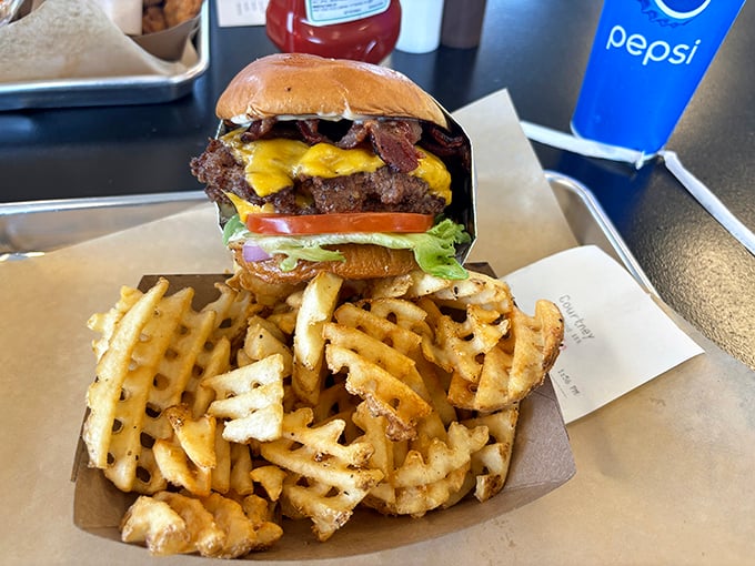 The bacon cheeseburger—where smoke meets savory in perfect harmony. Some food combinations are timeless for a very good reason.