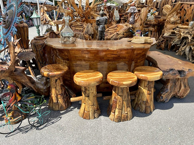 A bar that would make Fred Flintstone jealous – primitive in appearance yet sophisticated in craftsmanship, perfect for outdoor entertaining.