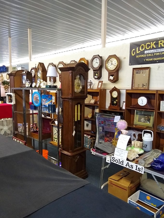 Antique timepieces tick away the hours while you lose track of time browsing endless treasures.