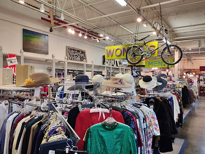 The vintage clothing section—where "secondhand" becomes "vintage" and yesterday's fashion faux pas become tomorrow's statement pieces.